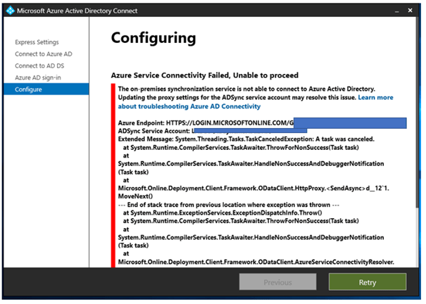Azure AD connect .. could not connect – Travailler ensemble